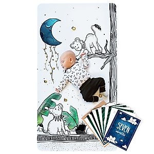 JumpOff Jo - Baby Bundle: Baby Crib Mattress Sheet & 24 Milestone Cards - Photoshoot Props, Soft Cotton Crib Sheets, Breathable, Fits Standard Crib, 28"x52", Liohearted