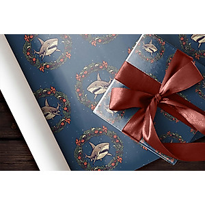 Shark Wreath Christmas Wrapping Paper, Christmas Holiday Gift Wrap, Ocean Animal Theme Party Decor (20 inch x 30 inch sheet)