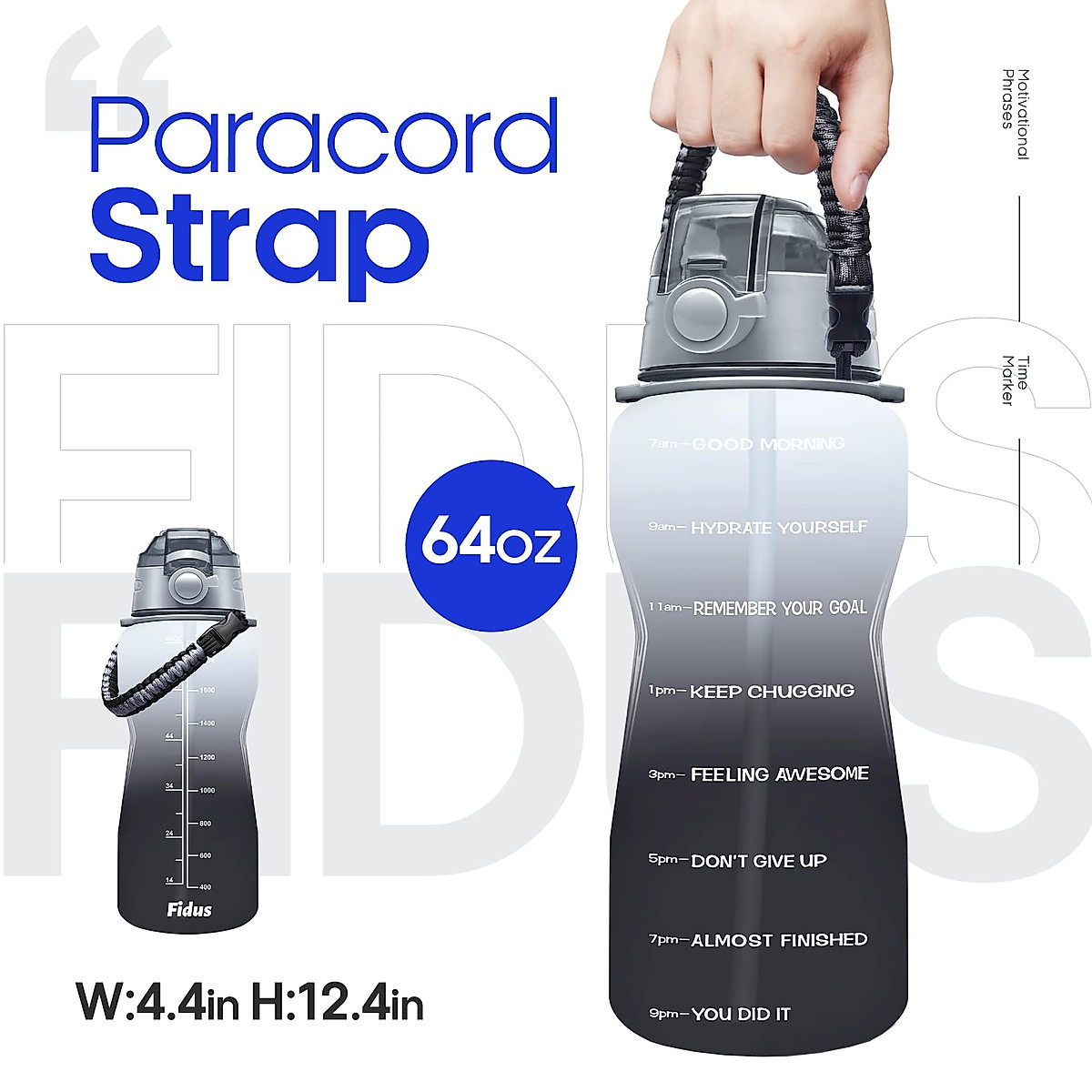 Fidus Large Half Gallon/64OZ Motivational Water Bottle with Paracord Handle & Removable Straw - BPA Free Leakproof Water Jug with Time Marker to Ensure You Drink Enough Water Daily-White/Gray