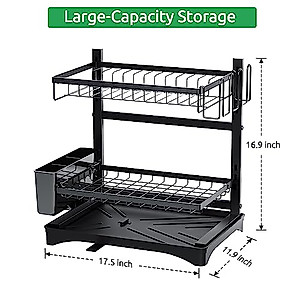 KOOTETA Dish Drying Rack, 2-Tier Dish Rack for Kitchen Counter, Space Saving Kitchen Drying Rack, Dish Dryer Rack with Drainboard, Utensil Holder and Cup Holders, Black