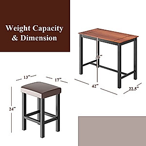 COSTWAY 3 Pieces Dining Table and Chair Set, Counter Height Wood Breakfast Table Set with 2 Upholstered Stools, Industrial Wood Kitchen Table Set for Bar Bistro,Living Room, Restaurant