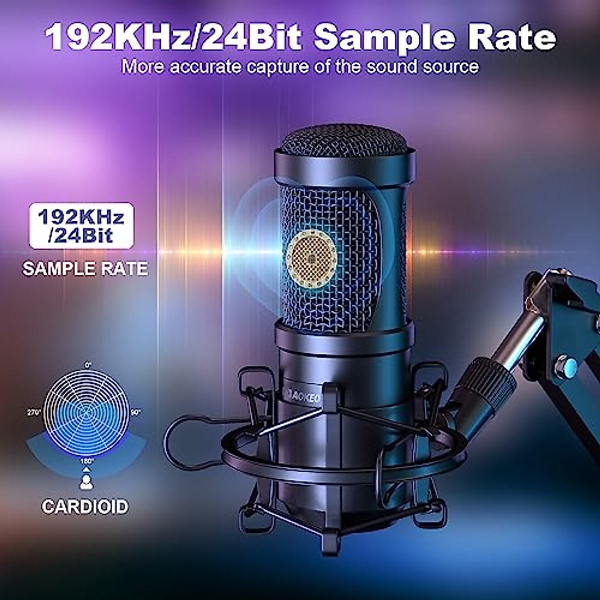 Aokeo USB Condenser Microphone, 192kHZ/24bit Professional PC Streaming Podcast Cardioid Microphone Kit with Boom Arm, Shock Mount, Pop Filter, for Recording, Gaming, YouTube,Meeting, Discord