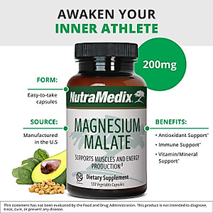 NutraMedix Magnesium Malate Energy Supplements - Bioavailable Magnesium for Sleep, Immune Support & Joint Health - Vegan, Non-GMO & Gluten-Free Magnesium Supplements (120 Vegetarian Capsules)