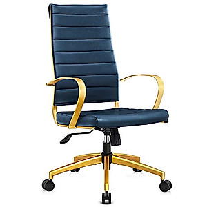 LUXMOD High Back Gold Office Chair in Blue Leather, Ergonomic Office Chair in Vegan Leather, Highback Desk Chair with Back Support, Executive Chair, Manager Blue and Gold Chair