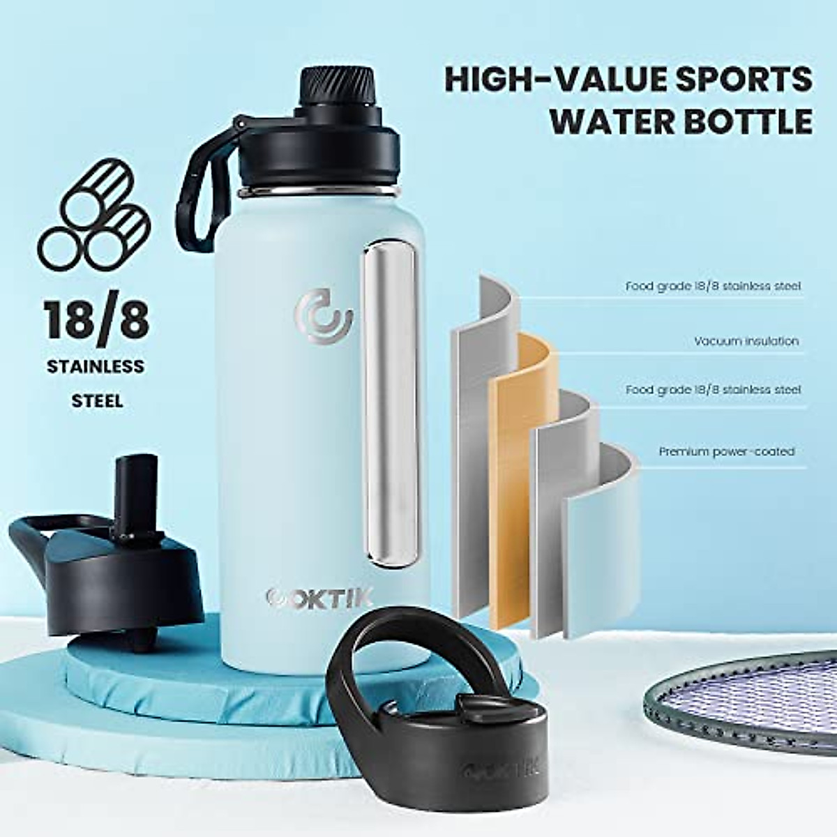 COKTIK 32 oz Sports Water Bottle With Straw,3 Lids, Stainless Steel Vacuum Insulated Water Bottles,Leakproof Lightweight, Keeps Cold and Hot, Great for Travel, Hiking, Biking, Running (FOG)