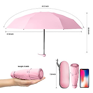 Trenovo Travel Umbrella - Mini Folding Compact Umbrella with Case, 8 Ribs Lightweight Portable Umbrella, Small Sun & Rain Pocket Umbrella for Girls and Women - Pink