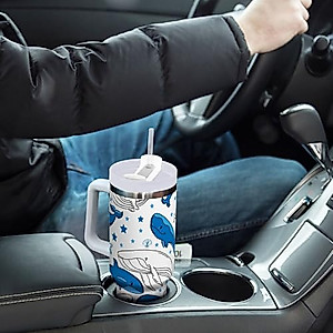 DIGTIA Stainless Steel Insulated Tumbler w/Handle & Straw, Blue White Whales Double Wall Vacuum Travel Coffee Mug Cup w/Lid, Leak-Proof Sports Ocean Water Bottle,30oz