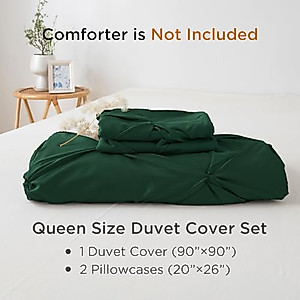 Litanika Dark Emerald Green Queen Pinch Pleat Duvet Cover, 3 Pieces Pintuck Cover Soft Microfiber Bedding Set with Zipper Closure & Corner Ties(90x90Inch-1 Duvet Cover, 2 Pillowcases)