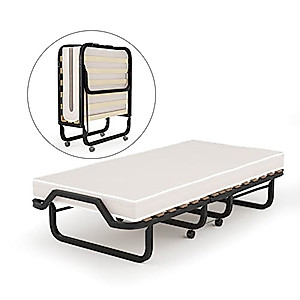 RELAX4LIFE Folding Bed with Mattress, Foldable Guest Temporary Bed with 360°Swivel Wheels & Pull Handle, Memory Foam Mattress & Metal Frame, Portable Space-Saving Rollaway Bed, Made in Italy