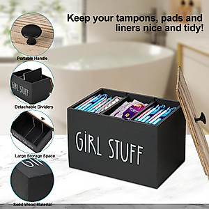 TRSPCWR Tampon Holder for Bathroom, Feminine Product Organizer Pad Organizer, Tampon Container with Canvas Zipper Bags Qtip Holder, Rustic Wood Tampon Storage for Bathroom with Lid, Black