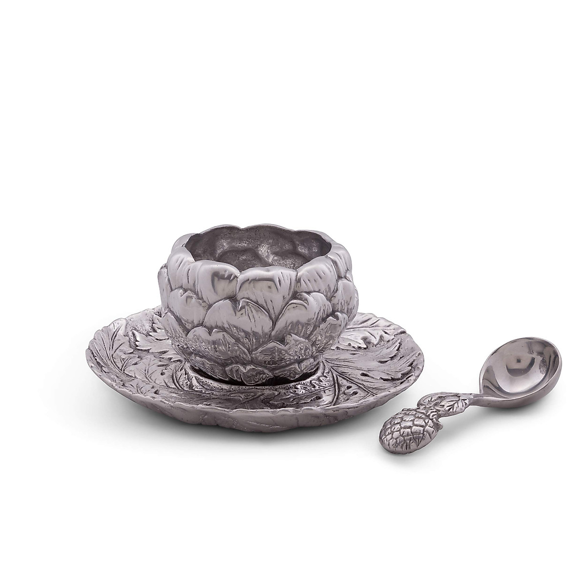 Arthur Court Aluminum Artichoke Condiment Set 3 piece Bowl, Tray, Spoon 7 inch Diameter Tray