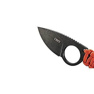 CRKT Tailbone EDC Knife: Everyday Carry Fixed Blade Drop Point Knife with Black Stonewash Finish, Orange Cord Wrapped Handle, Sheath 2415