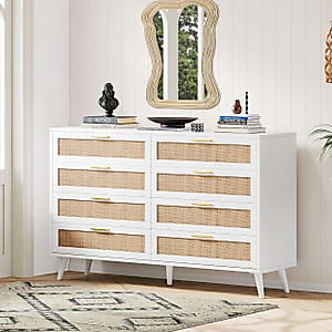 Rovaurx 8 Drawer Double Dresser for Bedroom, Rattan Chest of Dressers, Modern Wooden Dresser Chest with Golden Handles, Beside Table for Closet, Living Room and Entryway, White and Natural