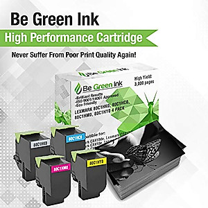 Be Green Ink Compatible Replacement Toner Cartridge for Lexmark CX410 C410de CX410dte CX150 CX510de CX510de - 80C1HK0 801HK 80C1HC0 801HC 80C1HM0 801HM 80C1HY0 801HY Toner (4 Pack, 1B, 1C, 1M, 1Y)