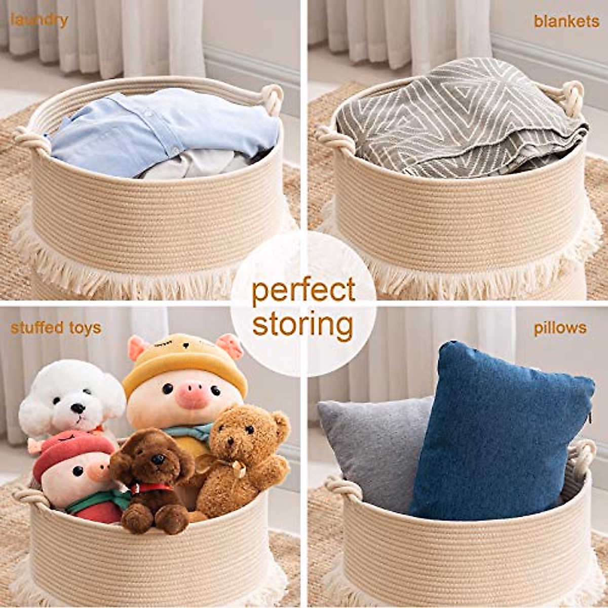 YOUDENOVA Large Woven Rope Storage Basket, Baby Nursery Hamper for Toy&Clothes, Beige Decorative Blanket Basket with Cute Knot Handles & Tassel, Boho Laundry Hamper for Living Room, 15.7 inchx16.9 inch