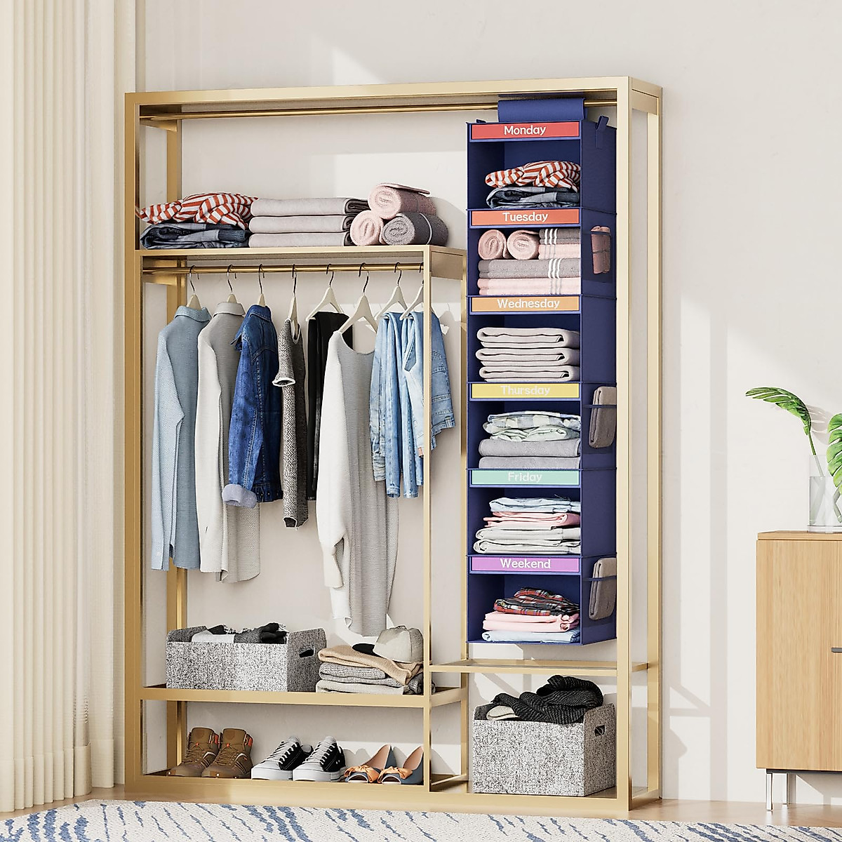 Fixwal 6-Shelf Weekly Hanging Closet Organizer for Kids with 6 Side Pockets, Weekday Kids Clothes Organizers Monday Through Friday Clothes Foldable Hanging Storage Shelves (Blue)