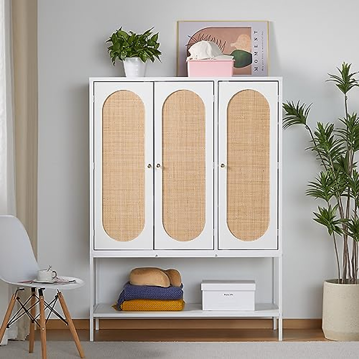 LEVNARY Large Armoire Wardrobe Closet with 3 Doors, Rattan Wardrobe Cabinet with Shelves and Hanging Rail for Clothes, Freestanding Wooden Closet for Bedroom, White (47.24" W x 18.89" D x 62.99" H)