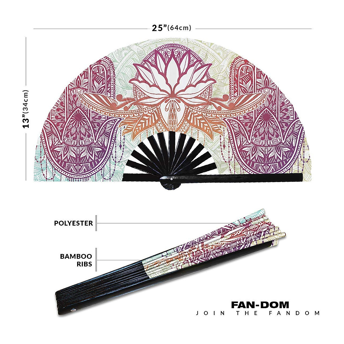 Bohemian Lotus Zen UV Glow Folding Hand Fan Boho Mandala Fan Trippy Yoga Fans Iridescent Hippie Theme Fan for Men and Women Chinese Bamboo Fan for Parties and Events