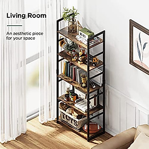 FURNINXS Bookshelf, 5 Tier Bookcase Tall, Storage Ladder Shelf, Standing Shelf for Book/Living Room/Office, Rustic Brown