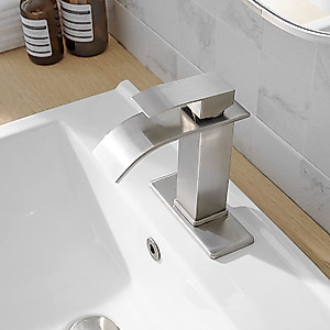 BATHLAVISH Bathroom Sink Faucet Waterfall Brushed Nickel Single Hole Modern with Pop Up Drain with Overflow Vanity Lavatory Single Handle Brush Mixer Tap Deck Mounted