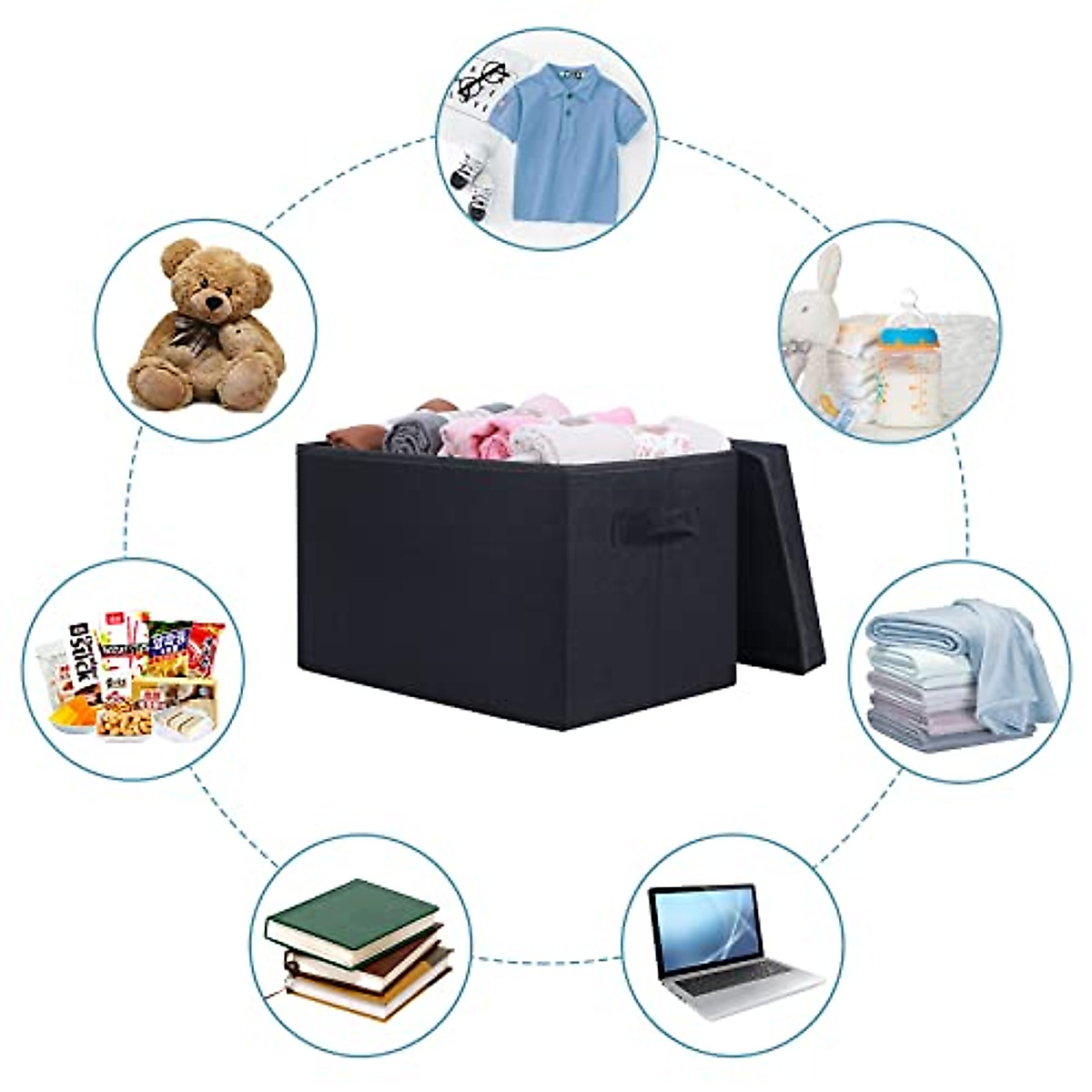 Consmos Large Foldable Fabric Storage Bin with Lids& Dual Handles, Sturdy Cubby Storage Basket for Clothes& Toys, Cube Storage Organizer Bins for Shelves, Closet, Bedroom, Home& Office, Black 3-Pack