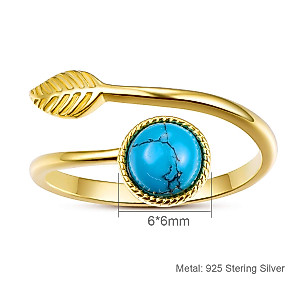 AVECON 14k Gold Plated Turquoise Feather Ring 925 Sterling Silver Adjustable Open Tree Leaf Bands Ring for Women