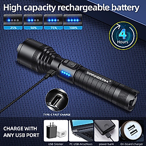 DARKBEAM LED Flashlight Rechargeable USB 350000 High Lumens, Small Powerful Bright Pocket Flashlights, Focus Adjustable Water Resistant Handheld Flash Light for Camping, Outdoor, Emergency
