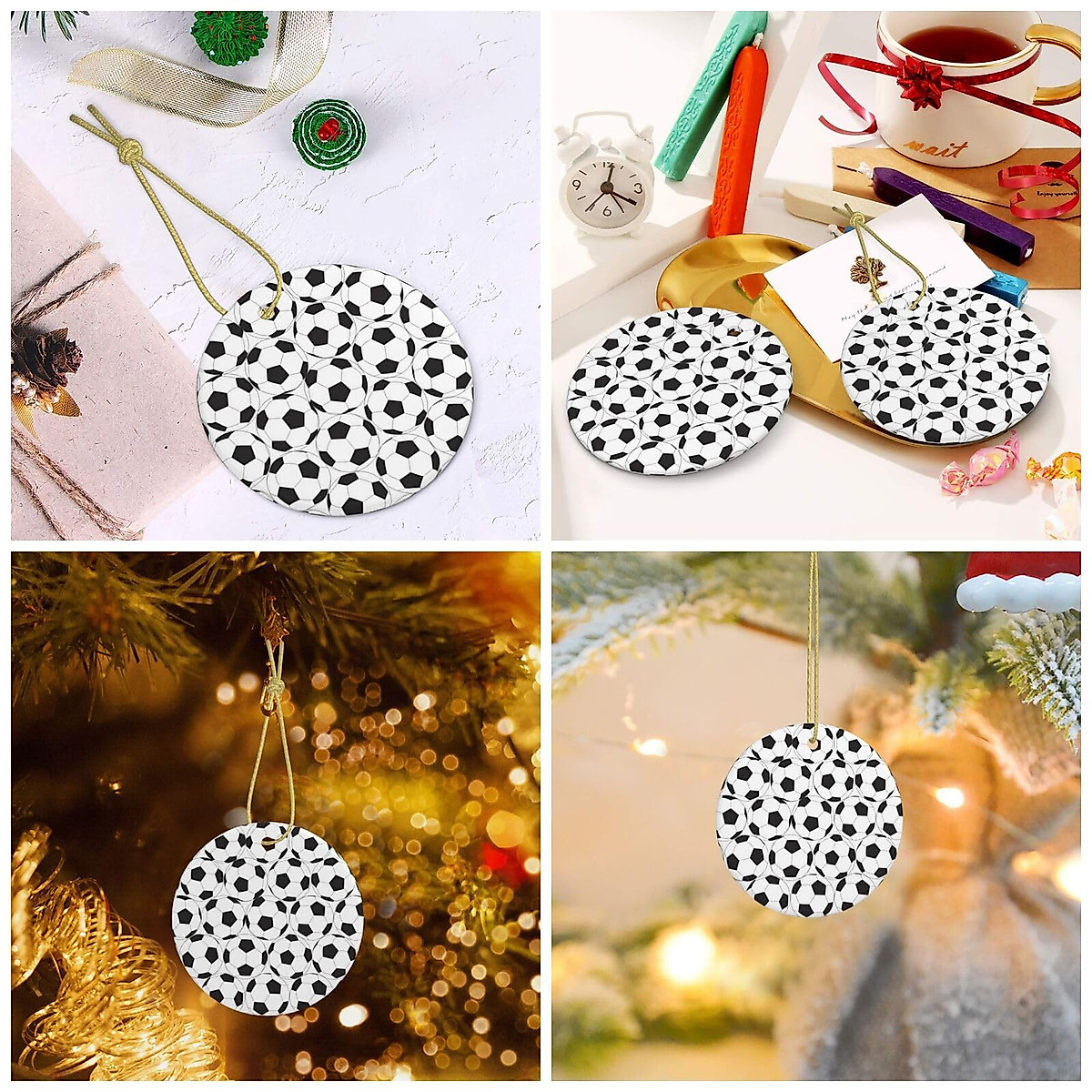 Black and White Soccer Ball Pattern Print Christmas Tree Ceramic Hanging Round Shaped Xmas Tree Pendants Gatherings Party Deco