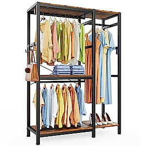 TARKARI Free Standing closet organizer Heavy Duty clothes closet garment iron and wood Wardrobe with rod clothing racks for hanging clothes rack with shelves