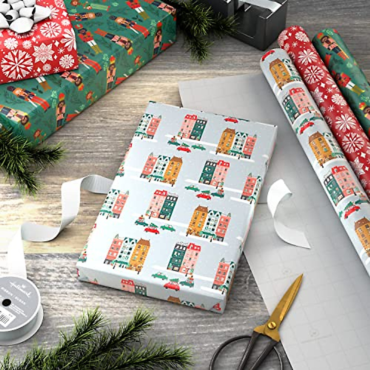 Hallmark Christmas Wrapping Paper with Cutlines on Reverse (3 Rolls: 120 Sq. Ft. Total) Winter City Scene, Rustic Snowflakes on Red, Nutcrackers with Foliage