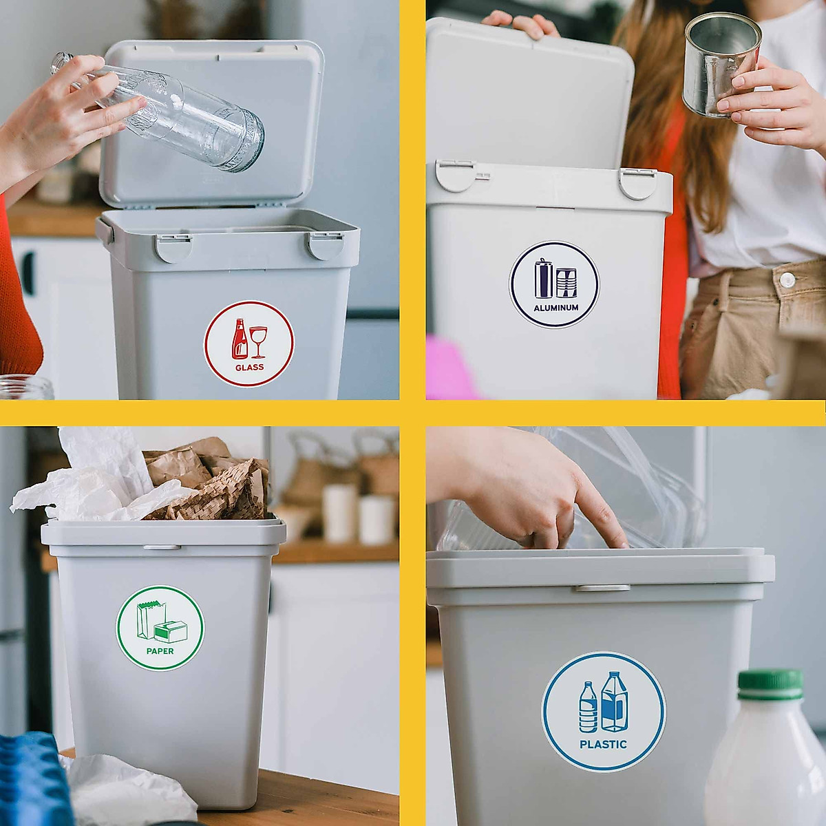 Recycling Stickers for Trash Can, 3.5" Wide | 5pcs Recycle Stickers for Plastic Bins - Paper, Aluminum, Plastic, Glass, Compost