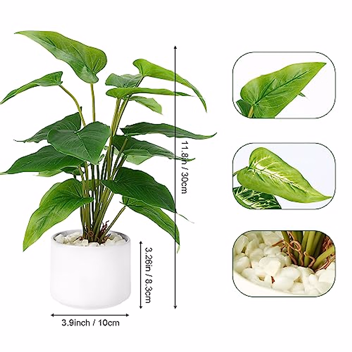 CEWOR Artificial Plants Indoor,2 Pack,11.8 Inch, Fake Plants in Ceramic Pot,Faux Green Leaf Plant with Modern White Planter,Desk Shelf Office Room Home Decoration Indoor