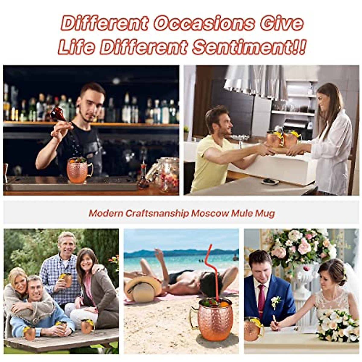 K Kitcherish Moscow Mule Mugs Set of 2-[Gift Set]18 oz, Hammered Copper Mugs | Stainless Steel Lining, Copper Plating Cup with Gold Brass Handles for Making Cool Drinks, 3.4'' (Diameter) x 4 ''(Tall)