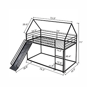CITYLIGHT Metal Bunk Beds with Slide, House Bunk Bed Twin Over Twin with Roof, Kids Floor Bunk Beds with Built-in Ladder for Girls Boys Toddlers, Black