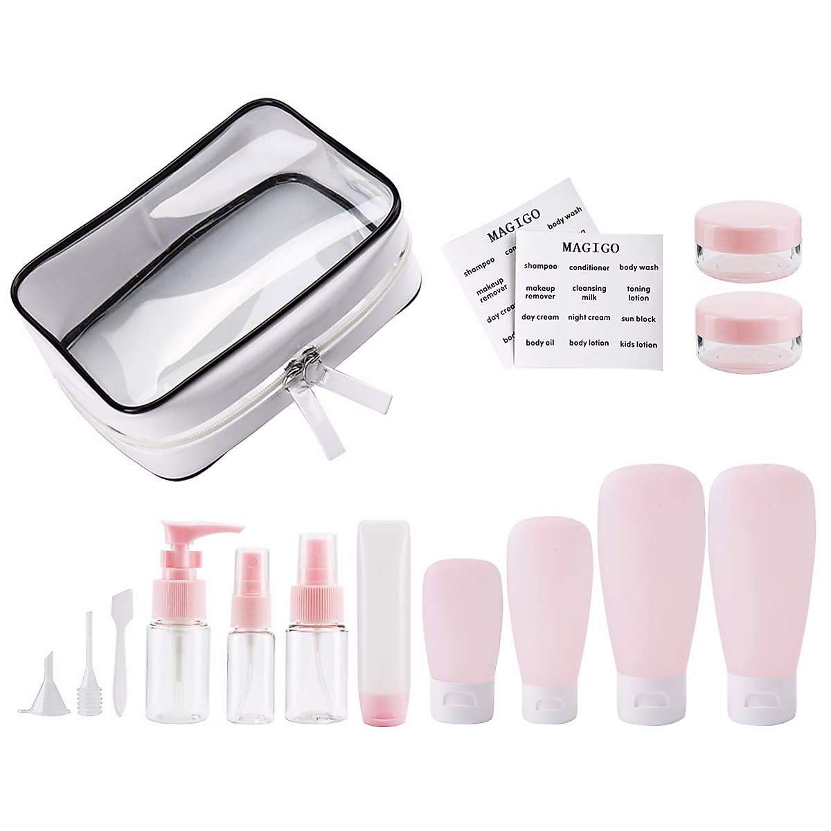 MAGIGO Pink Toiletries Leak Proof Travel Bottle Set (16 Pack), TSA Approved Airline Carry-On with Clear Bags for Women