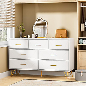 JOZZBY White Dresser for Bedroom, 7 Drawer Wooden Dresser with Gold Handles, Modern Storage Dressers & Chests of Drawers for Hallway, Entryway