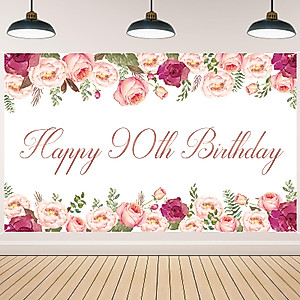 Vlipoeasn Elegant White Happy 90th Birthday Decorations for Women Rose Gold Flower Peony Photography Backdrop for 90th Birthday Party Surprise for Mother Cheers to 90 Years Old Birthday Party Supplies