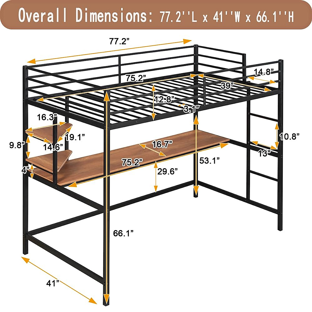 Anwick Twin Size Metal Loft Bed with Desk & Shelf, Metal Structure Bedframe w/Safety Guardrail, for Dorm, Bedroom, Guest Room, No Box Spring Needed (Twin, Black)