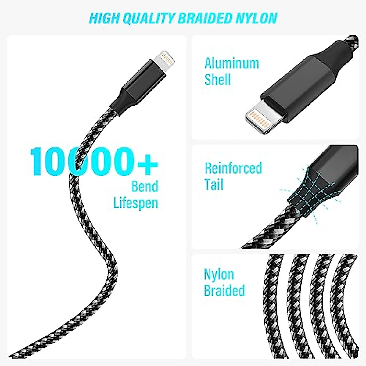 iPhone Charger [Apple MFi Certified] 3Pack 10FT Lightning Cable Fast Charging Cord Nylon Braided Compatible with iPhone 14 13 12 11 X Xs 8 7 6 6s Pro Pro Max Plus Mini and More - (Black)