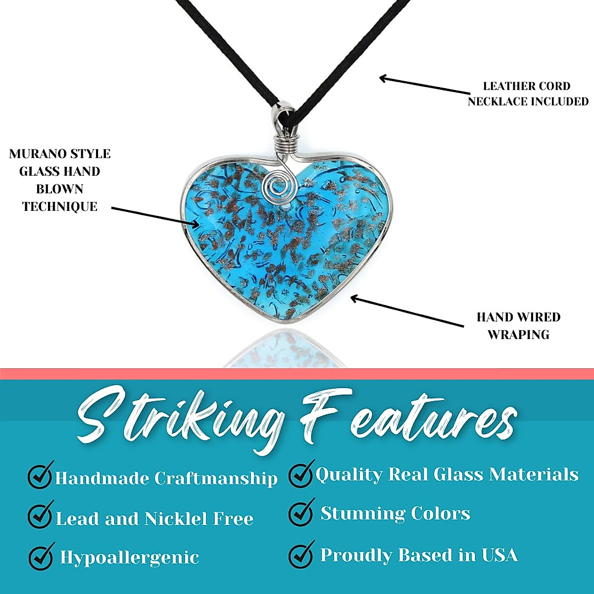 BESHEEK Handmade Murano Inspired Metal Frame Blown Glass Lampwork Art Pendant Necklace for Women│ Handcrafted Artisan Hypoallergenic Italian Style Jewelry (Blue and Gold Heart)