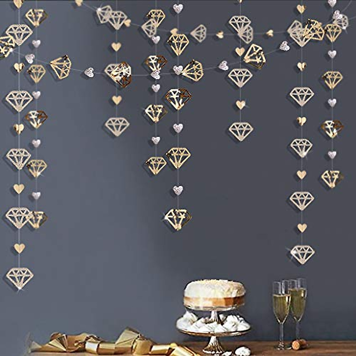 52 Ft Champagne Gold Heart Garland Hanging Paper Diamond Heart Streamer Banner for Engagement Bachelorette Bridal Shower Wedding Anniversary Mothers Day Valentines Day Birthday Hen Party Decorations