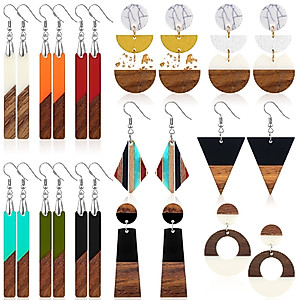 Henoyso 12 Pairs Wooden Earrings for Women Boho Dangle Earrings Geometric Earrings Lightweight Studs Resin Statement Earring (Classic Style)