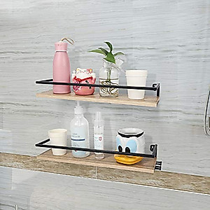 Weien Wood Floating Wall Shelves with Metal Frame, Wall Mounted Storage Shelves for Kitchen, Bathroom,Modern Hanging Shelf Set of 2