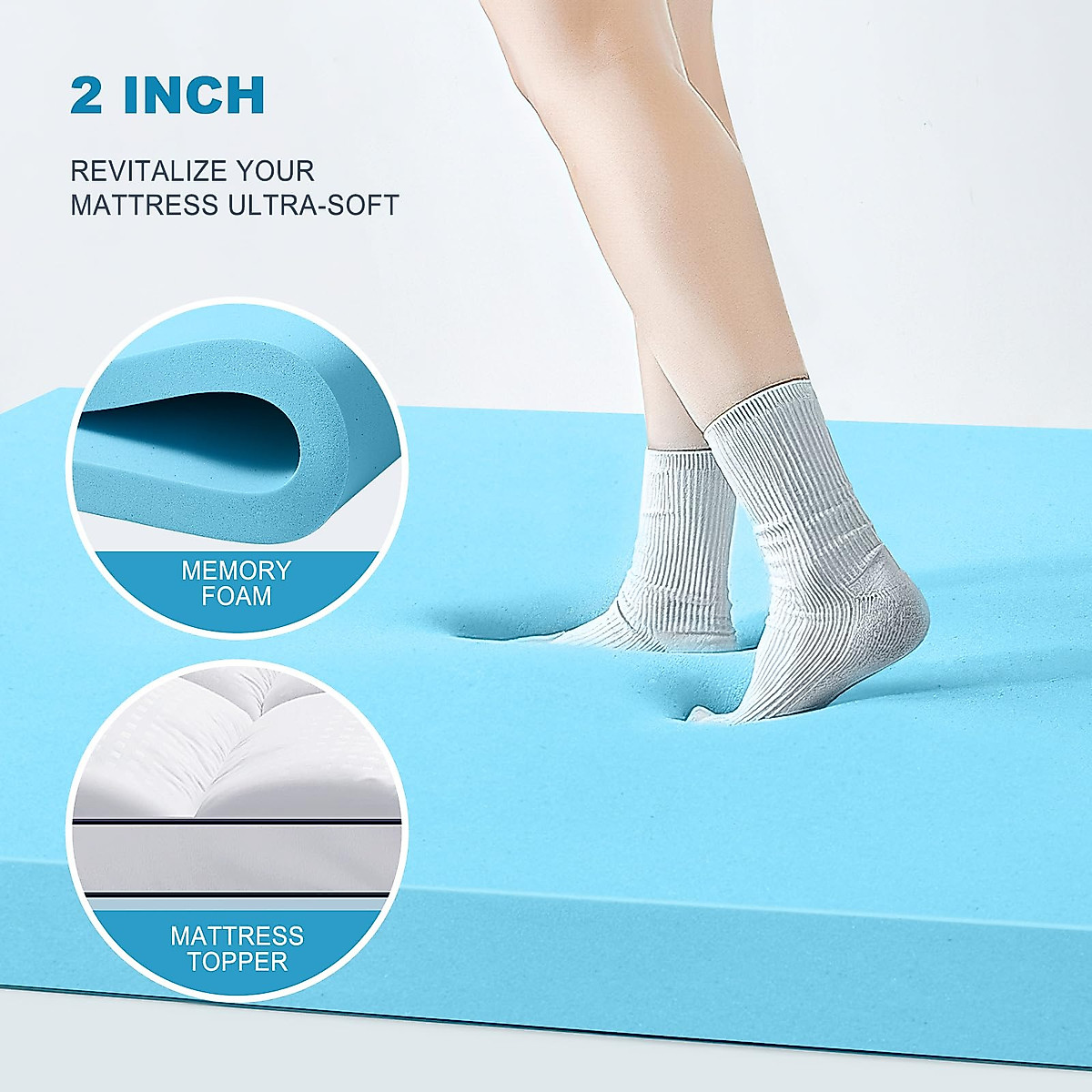 MASVIS Queen Size Dual Layer 4 Inch Memory Foam Mattress Topper, 2 Inch Gel Memory Foam and 2 Inch Cooling Pillow Top Mattress Pad Cover for Back Pain, Medium Support