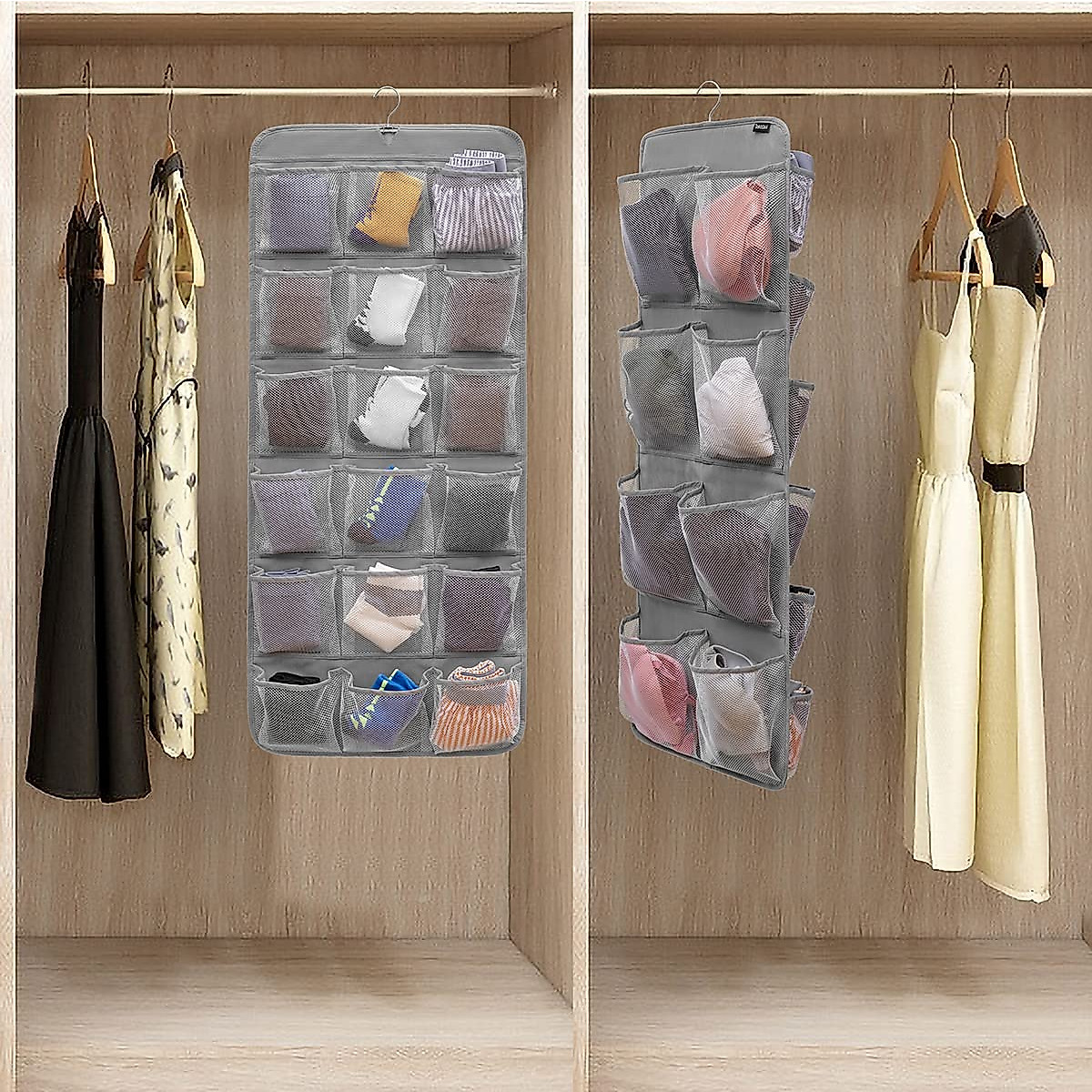ANZORG Dual-Sided Hanging Closet Organizer for Socks Underwear Bra Kids Storage Organizer for Baby Clothes Toddler Shoes with 26 Pockets (Grey-Mesh Pockets)