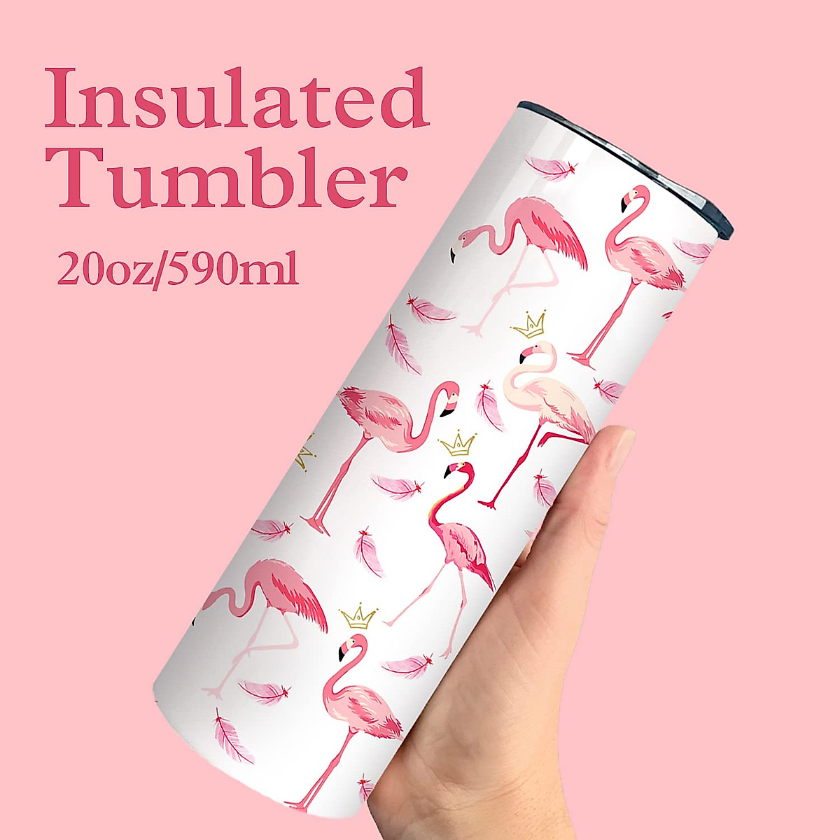 Cute Flamingo Tumbler With Lid and Straw, 20 oz Insulated Coffee Travel Mug, Gifts for Women, Pink Decor