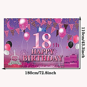 Happy 18th Birthday Backdrop Banner Pink Purple 18th Sign Poster 18 Birthday Party Supplies for Anniversary Photo Booth Photography Background Birthday Party Decorations, 72.8 x 43.3 Inch