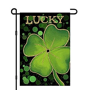 Lucky St Patricks Day Small Garden Flag 12x18 Inch Vertical Double Sided Burlap, Green Shamrock Sign Farmhouse Holiday Yard Outside Decoration DF201