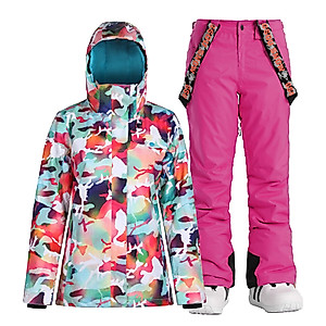 GSOU SNOW Womens Ski Jackets and Pants Set Snowsuit Snowboarding Warm Winter Coat Hooded Waterproof Windproof Insulated,Pink Camouflage,M