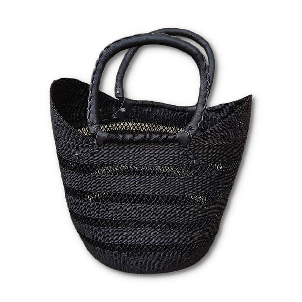 Ghana Handwoven Bolga Market Basket-African Beach Bag-Farmers Choice Market Bag-Plant Basket, Picnic Basket, Easter Basket, Straw Bag-Large Woven Basket, Toy Basket Handmade in Ghana (Black Leather)